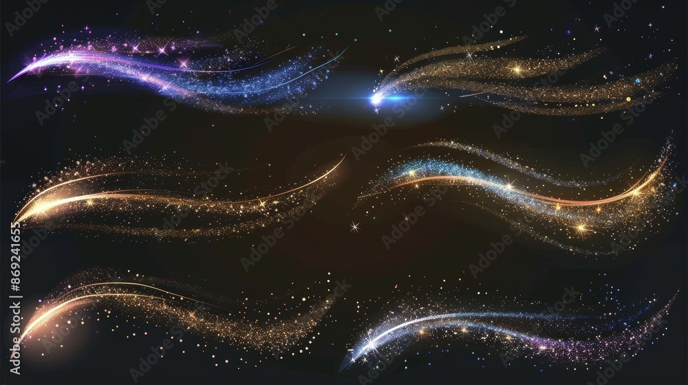 Light shooting arc with magic beam sparkle. Neon curve arch line with ...