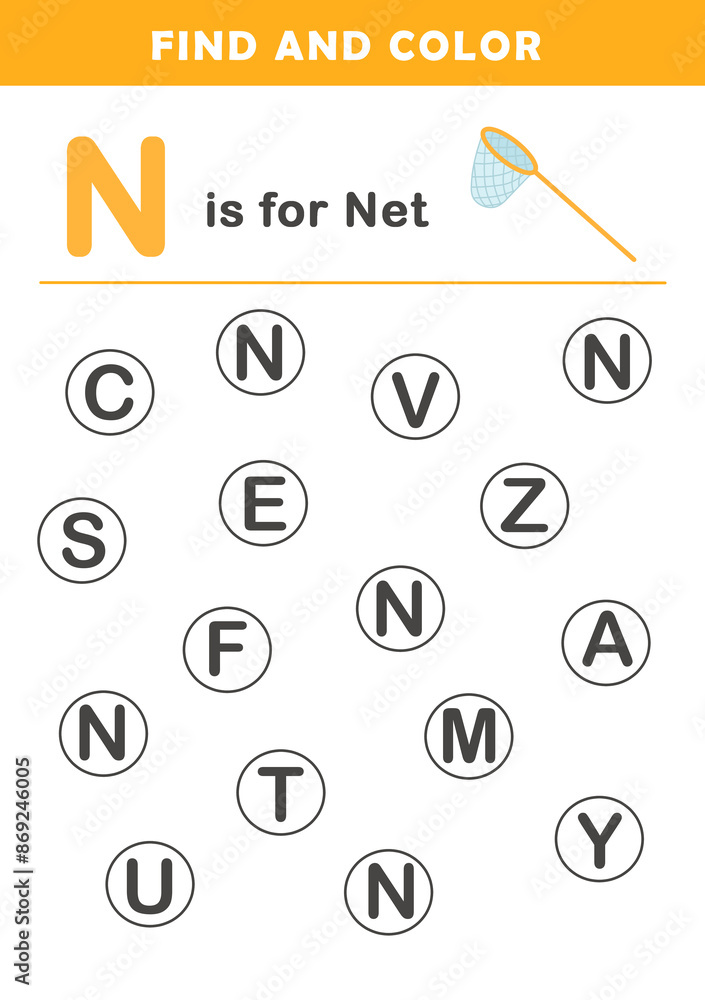 Kindergarten Letter N Find and Color worksheet. Spot and Color the ...