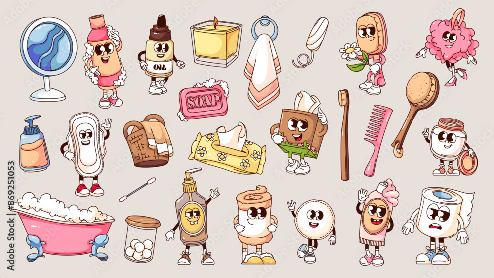Groovy hygiene cartoon characters and stickers set. Funny retro beauty ...