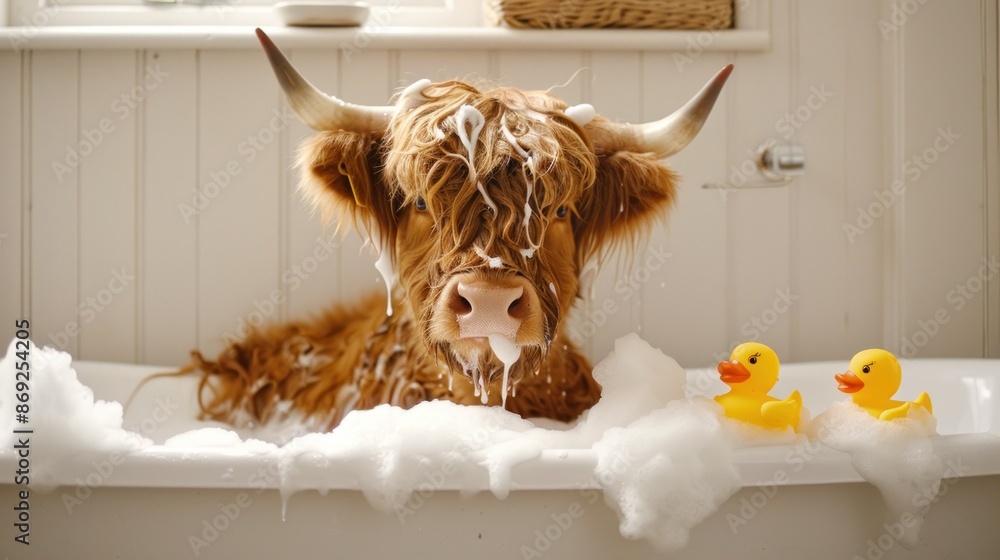 A humorous and adorable scene of a Highland cow taking a bubble bath in ...