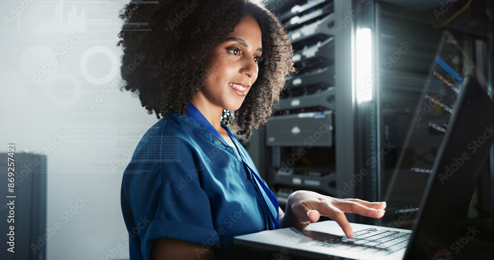 Laptop, data center and technician programming software, update or ...