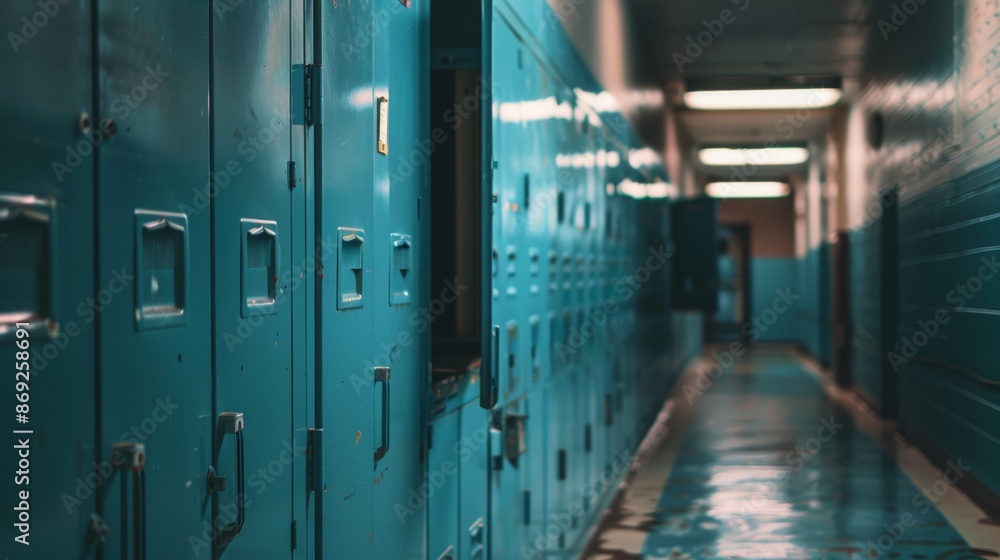 Single open empty blue metal locker along a nondescript hallway in a ...