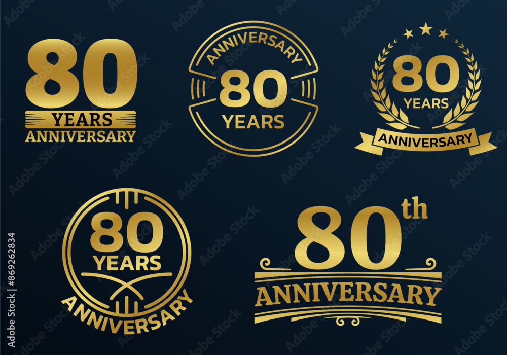 80 years icon or logo set. 80th anniversary celebrating golden sign or ...