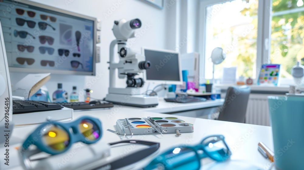 An ophthalmologist's table features a phoropter with colorful lenses ...