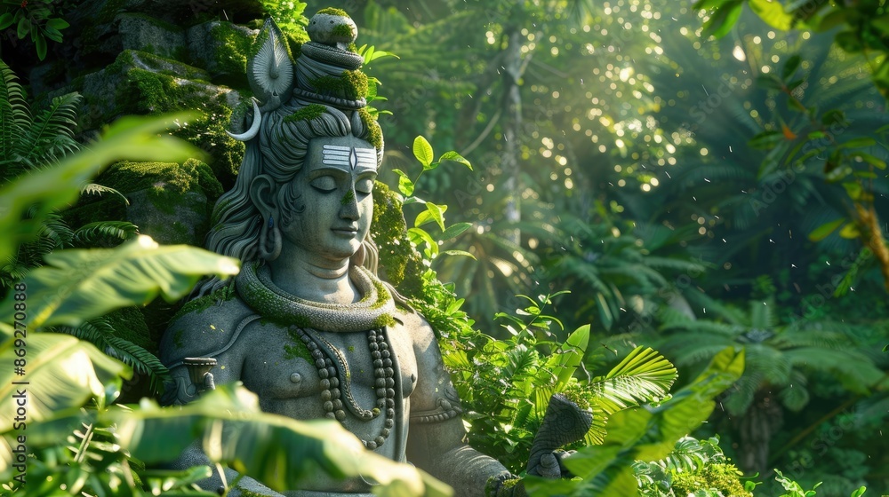 A monumental Lord Shiva statue, enveloped by the dense forest's lush ...