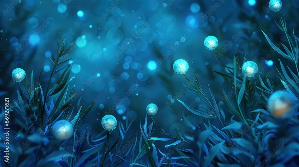 Abstract blue background with glowing orbs and blurred foliage ...