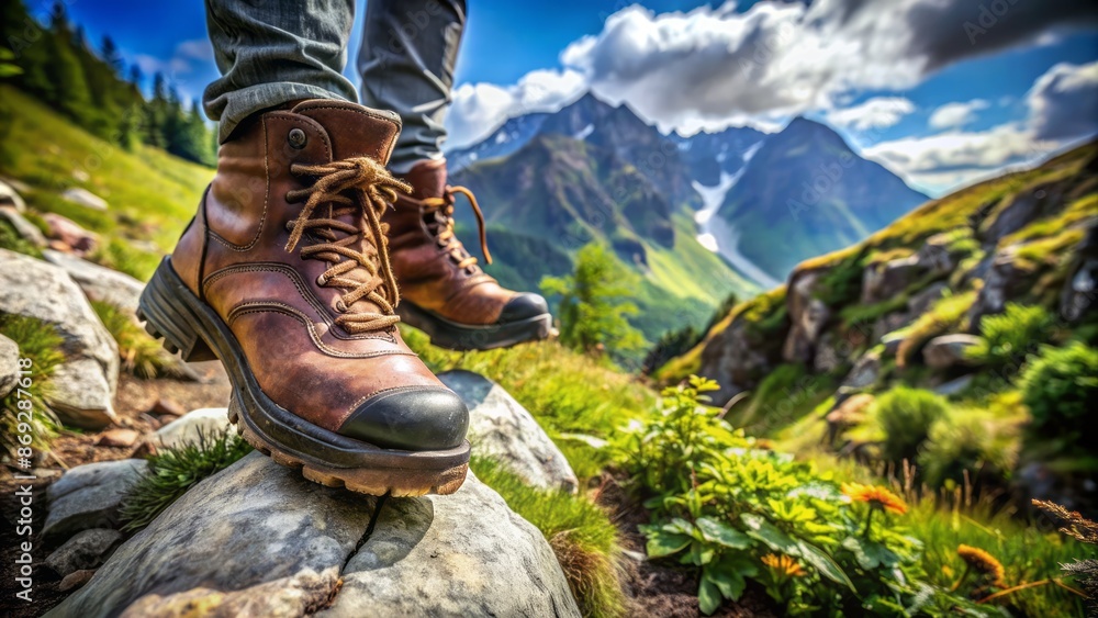 Rugged majestic mountain trail scenery featuring scuffed worn hiking ...