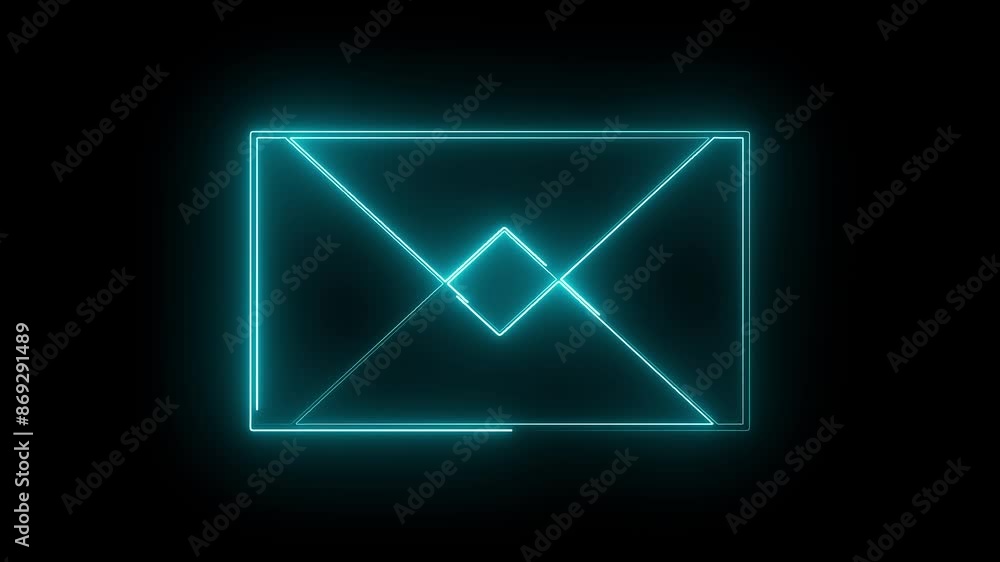 Neon Cyan aqua color light glowing email box animation icon check mark ...