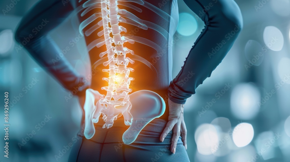 ภาพประกอบสต็อก Image of lower back pain with a highlighted area and ...
