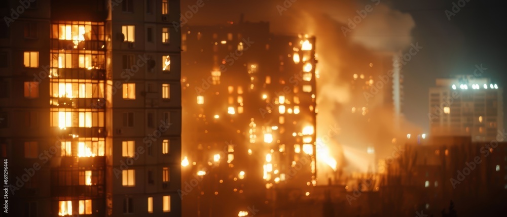 Fire spreading through a multi-story building at night, urban fire ...