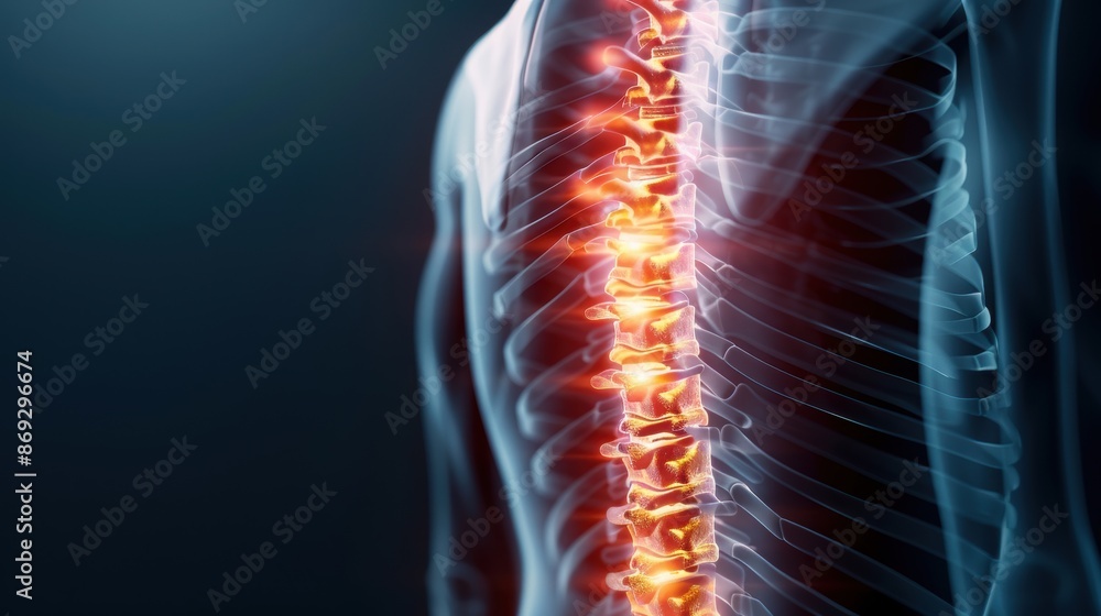 Depiction of back pain with a glowing red area along the spine and ...