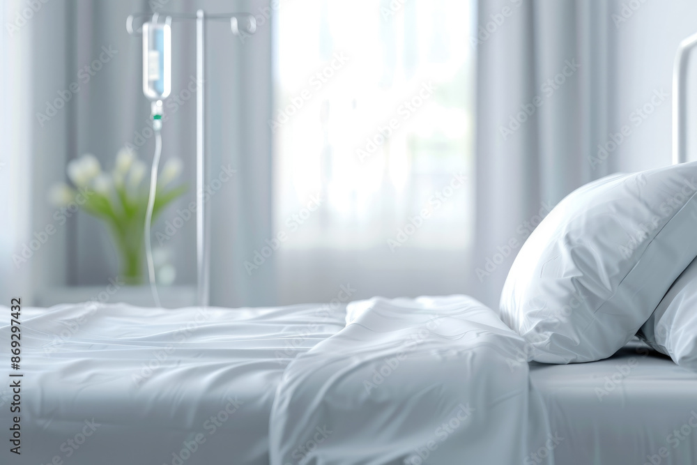 Patient receiving IV fluids in a sterile hospital bed with clean white ...
