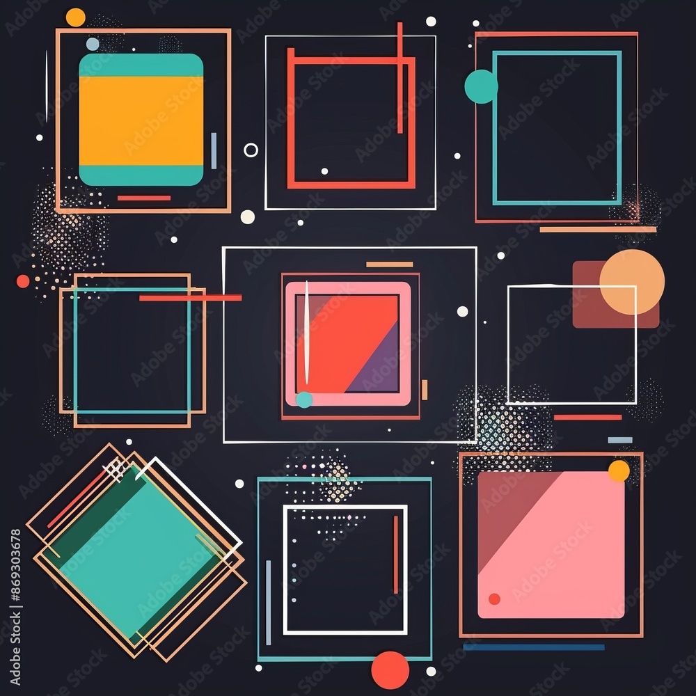 Images or icons are framed in retro 80s style. The elements look like ...