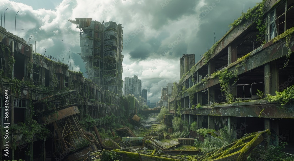 apocalyptic overgrown industrial nuclear city futuristic sci-fi movie ...