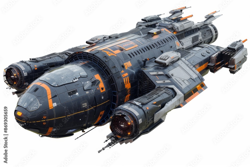 This is a 3D rendering of a dirty old sci-fi space ship isolated on a ...