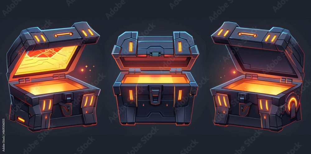 Future technology game boxes open and closed. Sci-fi icons, loot boxes with electronic locks on ...