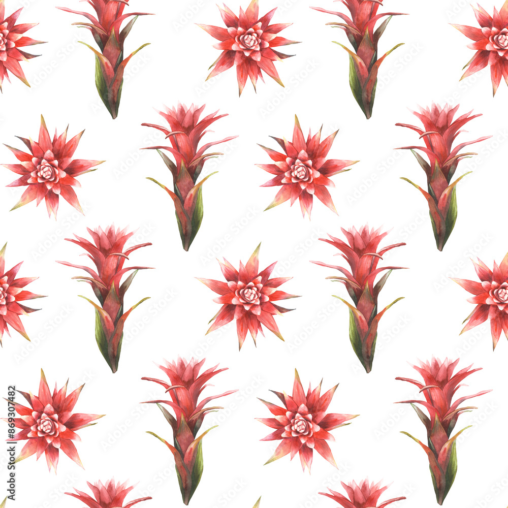 Tropical red flower seamless pattern, home plant buds and leaves ...