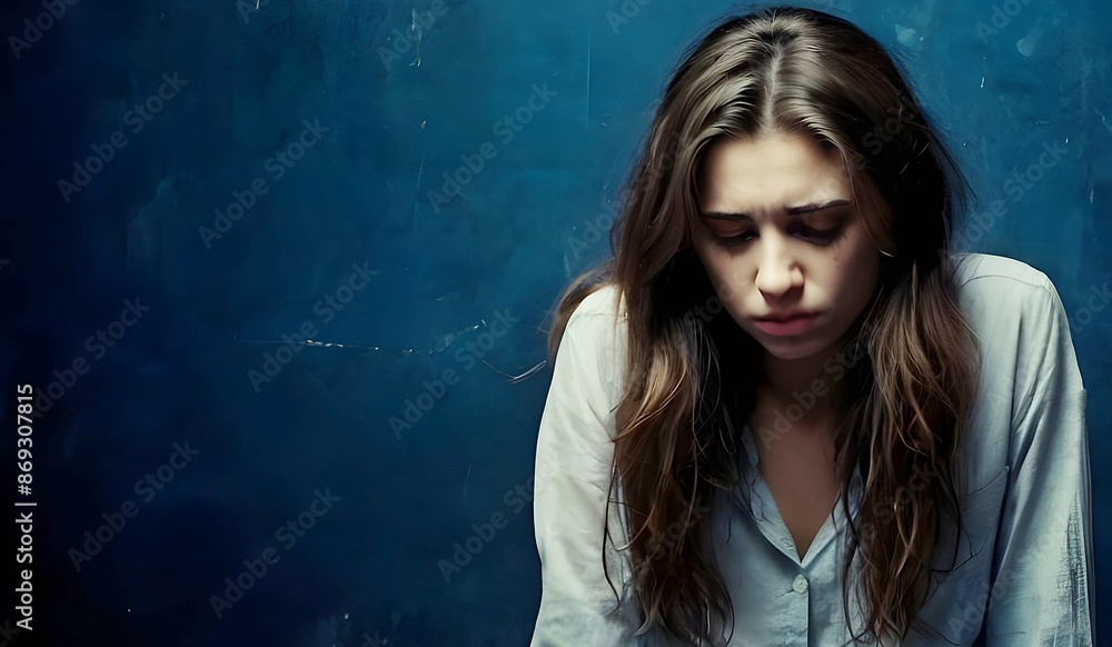 Young depressed woman on copy space dark blue background, with sad ...