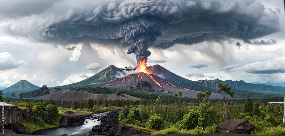 Fictitious representation of a volcanic eruption with heavy ash and ...