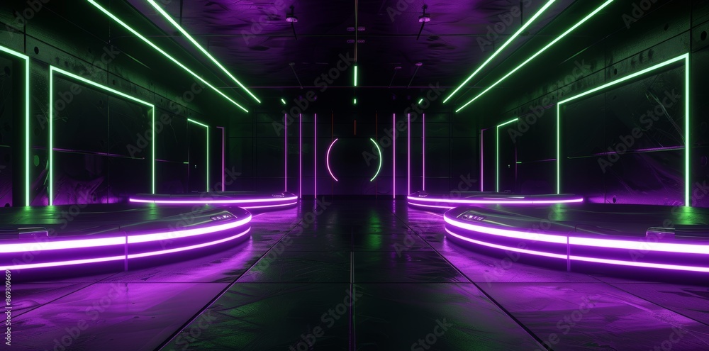 Cyberpunk neon interior 360° HDRI map in equirectangular shapes Stock ...
