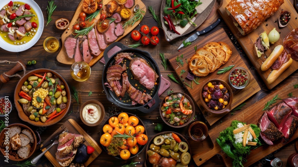 Top view of a full table of European foods and drinks from a dinner ...