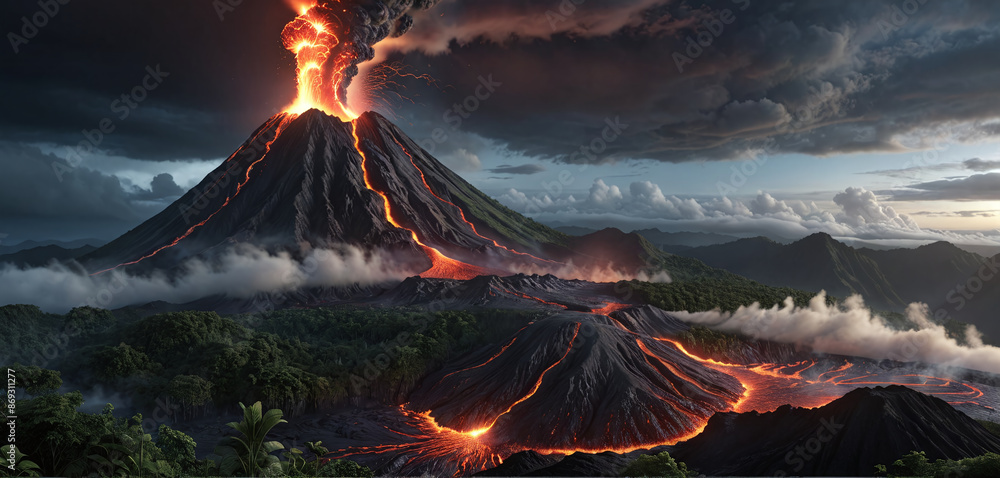 Fictitious representation of a volcanic eruption with heavy ash and ...