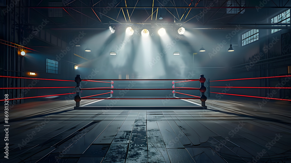 An empty boxing ring is illuminated by overhead lights in a dimly lit ...