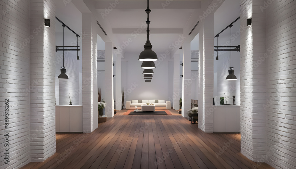 minimalist room with white brick wall and hanging lights. brick wall ...