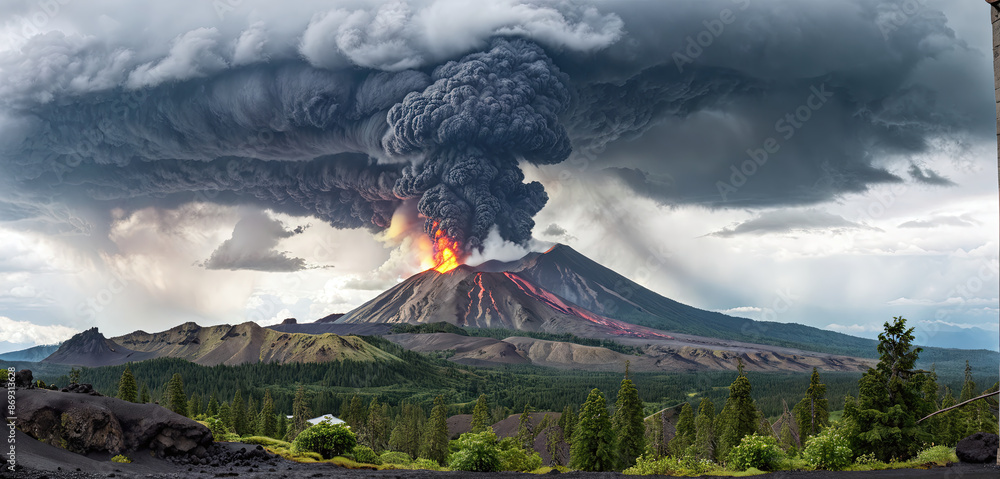 Fictitious representation of a volcanic eruption with heavy ash and dust emission, dangerous ...