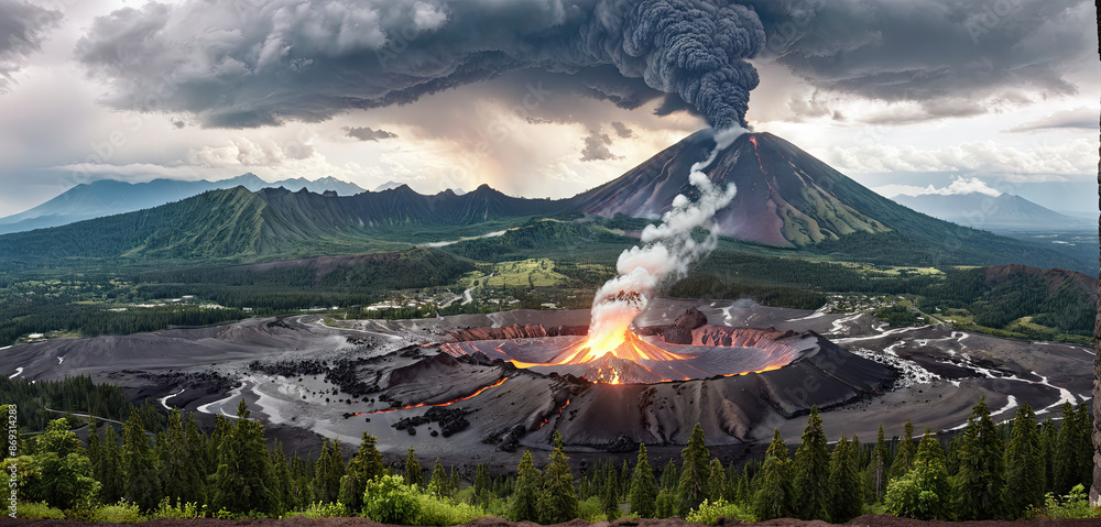 Foto de Fictitious representation of a volcanic eruption with heavy ash ...