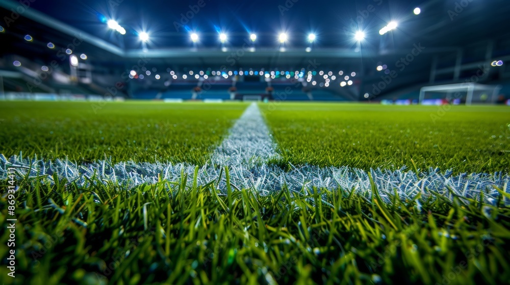 close up of grass with white line on football field stadium at night ...
