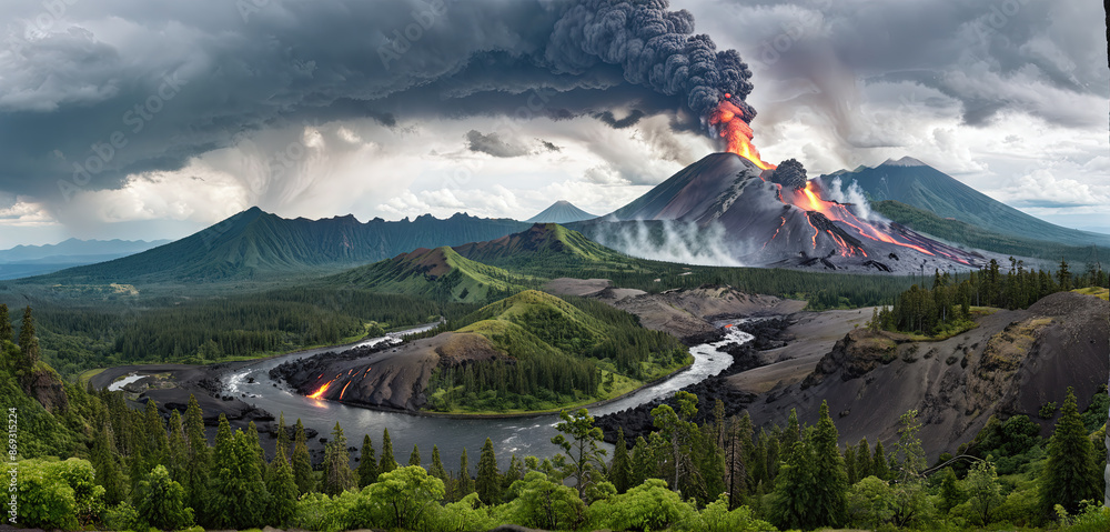 Fictitious representation of a volcanic eruption with heavy ash and ...
