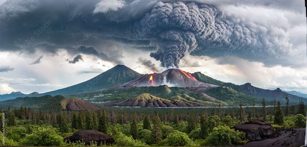 Fictitious representation of a volcanic eruption with heavy ash and ...