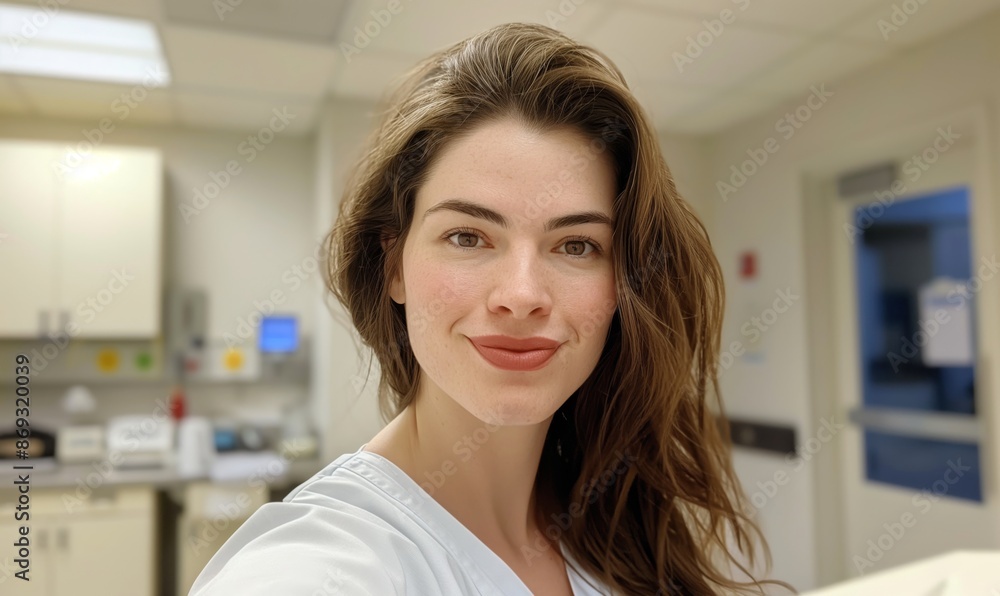 selfie of beautiful female nurse with brown hair and light skin wearing ...