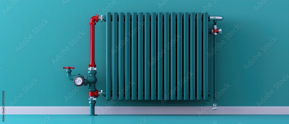 A modern blue radiator with red pipes installed on a blue wall ...