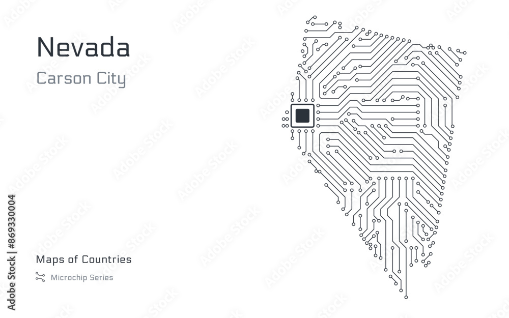 Nevada Map with a capital of Carson City Shown in a Microchip Pattern ...