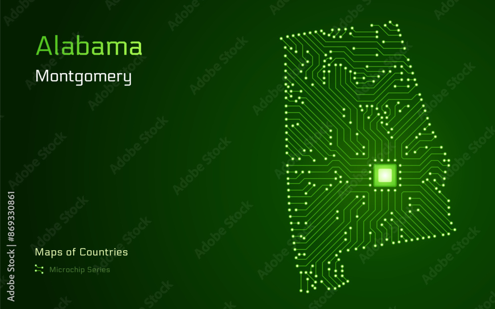 Alabama Map with a capital of Montgomery Shown in a Microchip Pattern ...