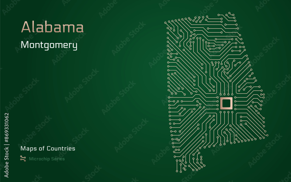 Alabama Map with a capital of Montgomery Shown in a Microchip Pattern ...