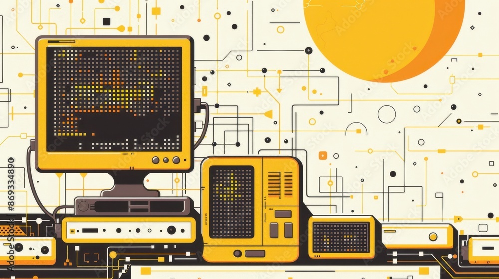 Retro white and yellow background with pixel art textures and vintage ...