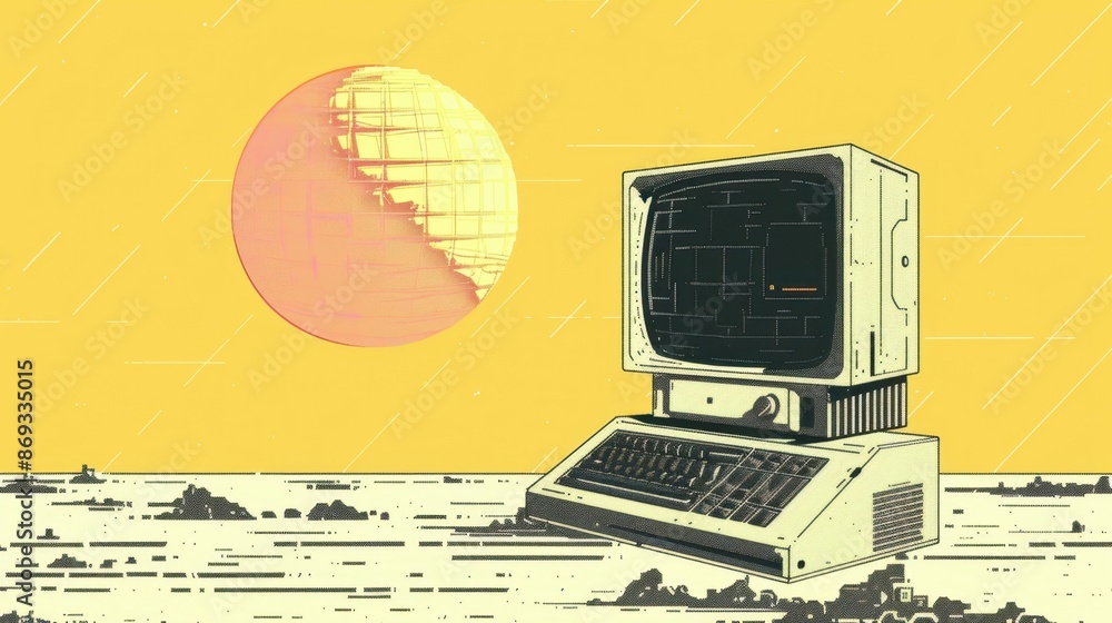 Retro white and yellow background with pixel art textures and vintage ...