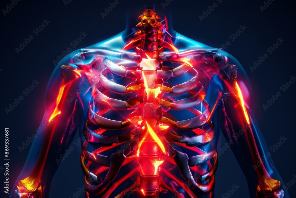 3D illustration of human skeletal system with highlighted internal ...