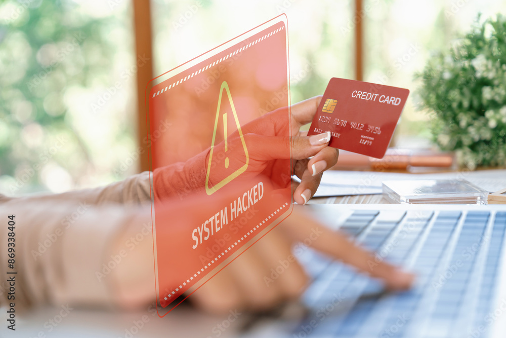 Customer watching hologram interface warn danger of credit card hacked ...