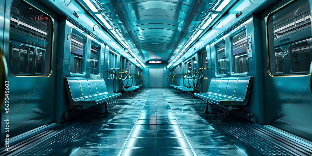Foto de Subway Train Interior with Blue Ceiling Light and 'Subway' Sign ...