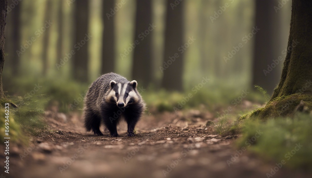 A large brown and black badger walking down a forest path, with trees ...