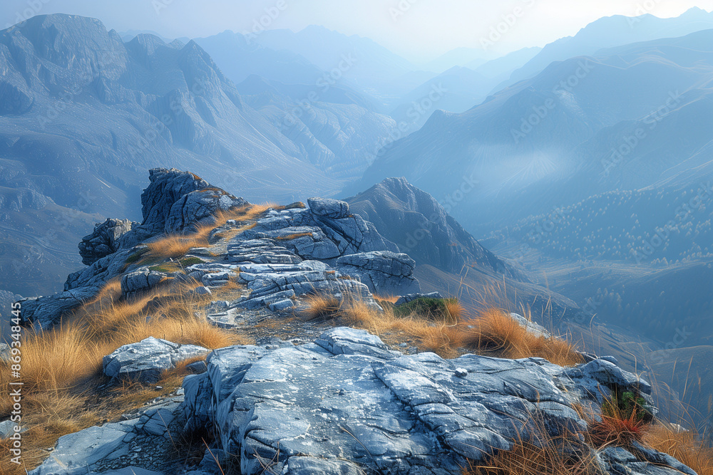 A rocky mountain ridge with sparse vegetation and golden grasses ...