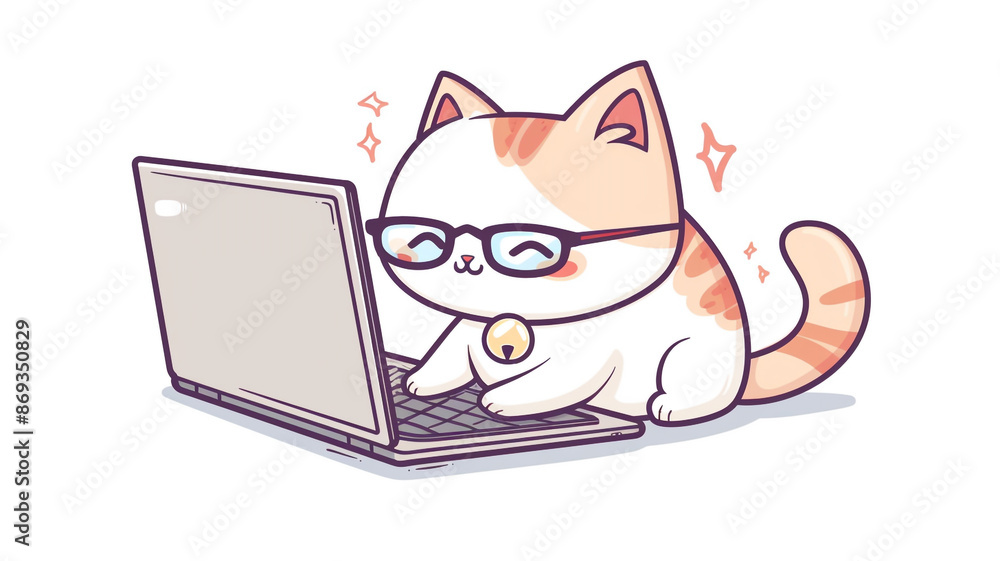 A cute cat wearing glasses is typing on a laptop in doodle style ...