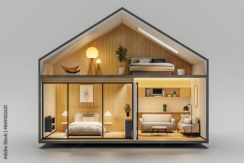 Miniature model of house in section with interior rooms, building ...