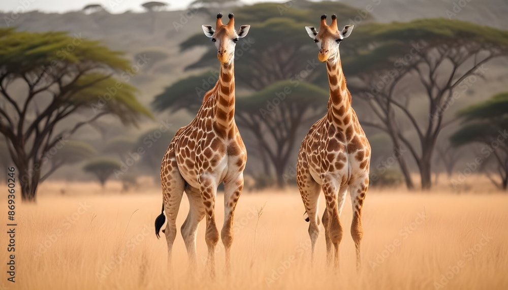 In savannas of Africa giraffe stands as a towering symbol of grace and ...
