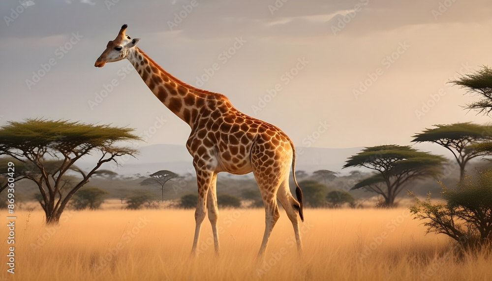 In savannas of Africa giraffe stands as a towering symbol of grace and ...