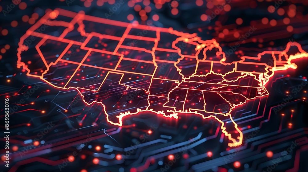 3D map of the United States made of glowing red lines on a dark ...
